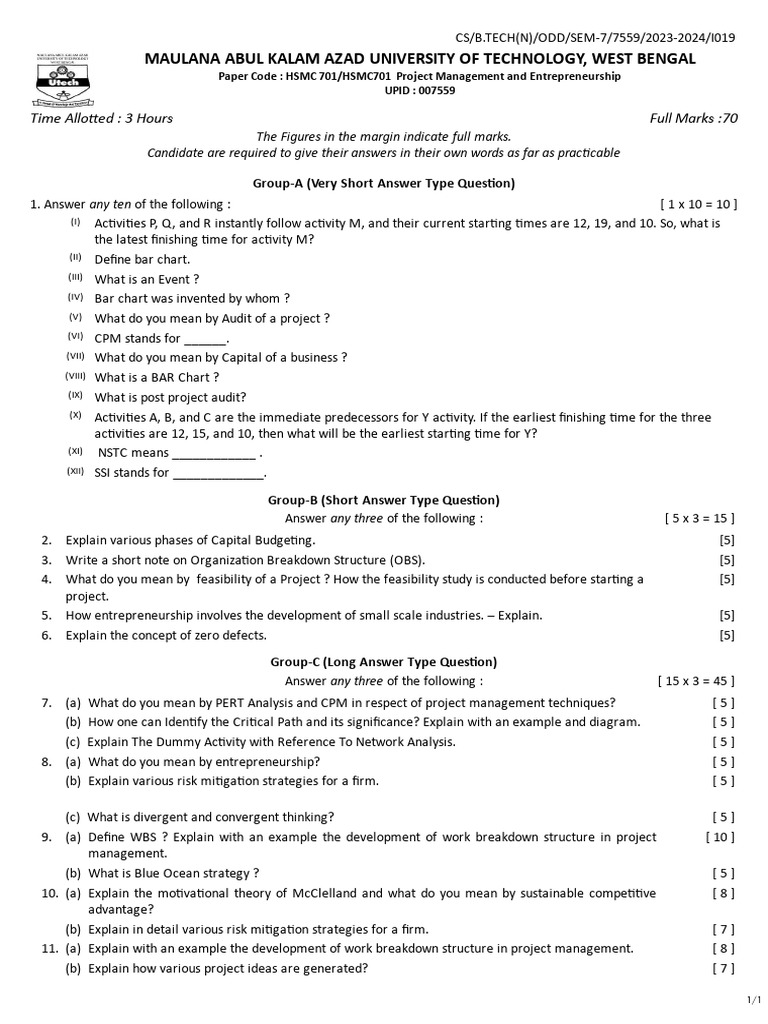 Btech Cse 7 Sem Project Management and Entrepreneurship HSMC 701 2024 | PDF | Business Process ...