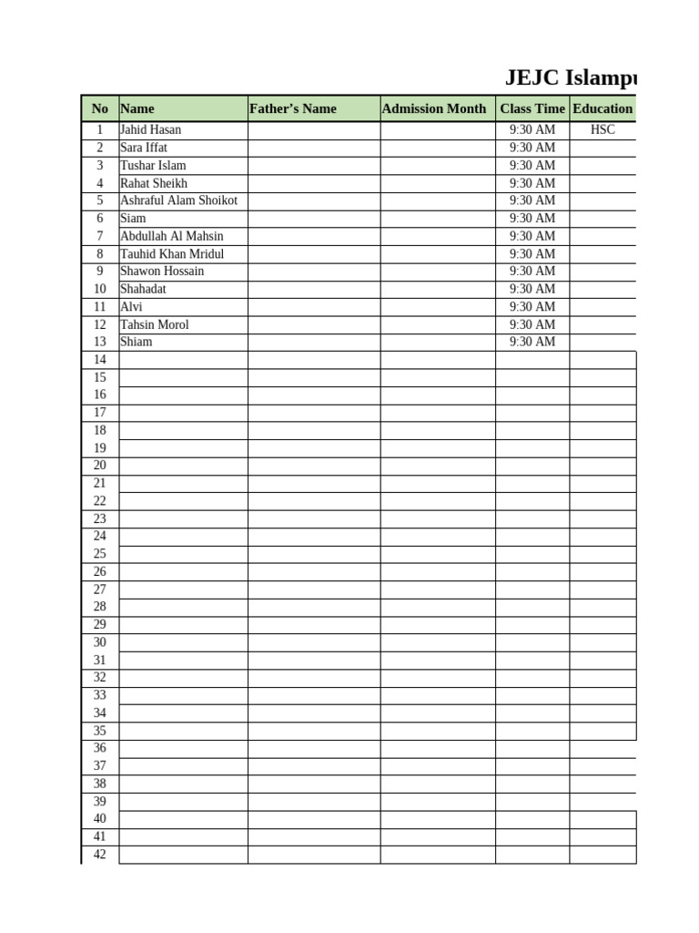 JEJC Islampur Branch Running Students List | PDF