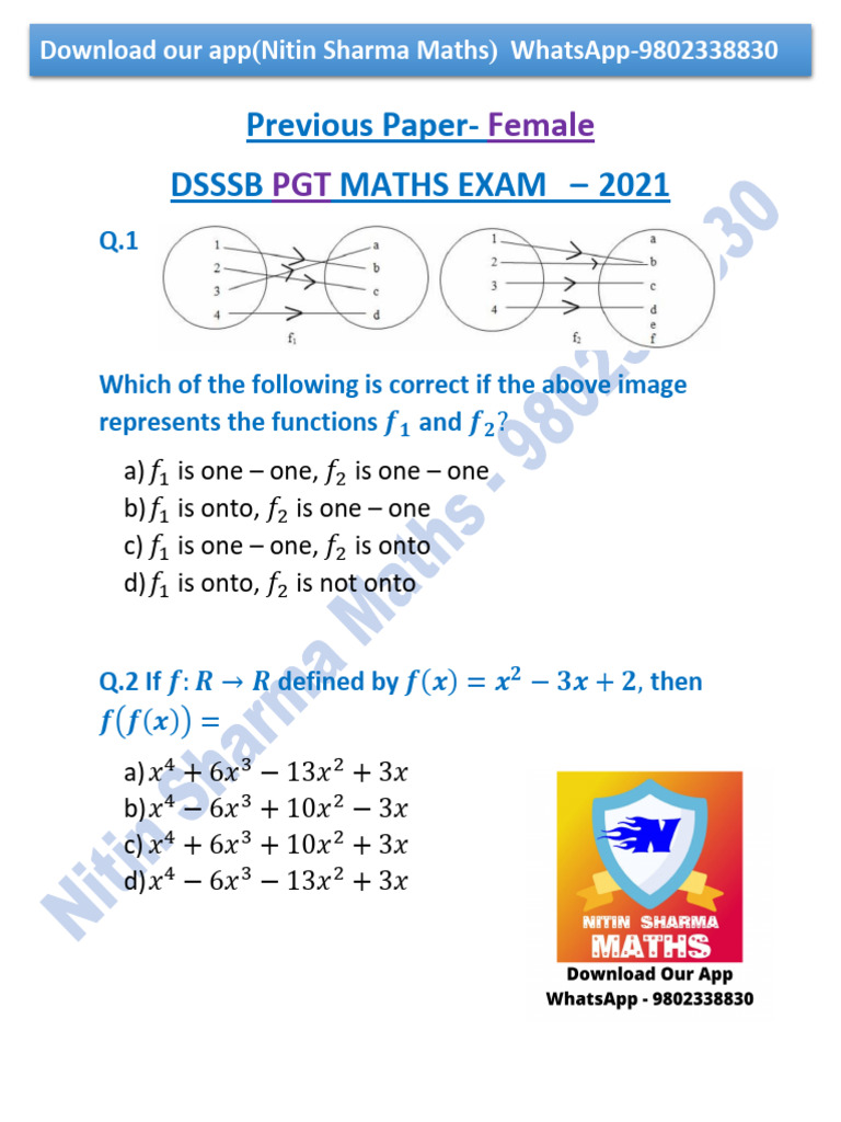 DSSSB PGT Maths Female Paper 2021 (Nitin Sir) | PDF | Sequence | Ring ...