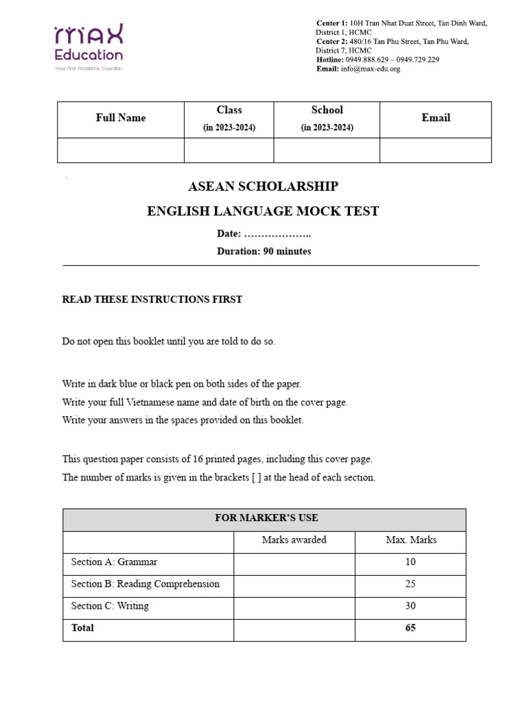 ASEAN Scholarship English Mock Test | PDF | Grammar | Cognitive Science