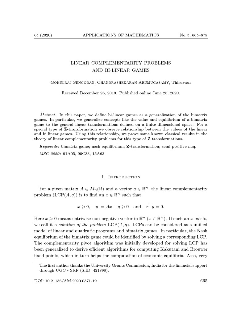 Bi-Linear Games and Linear Complementarity | PDF | Matrix (Mathematics) | Linear Map