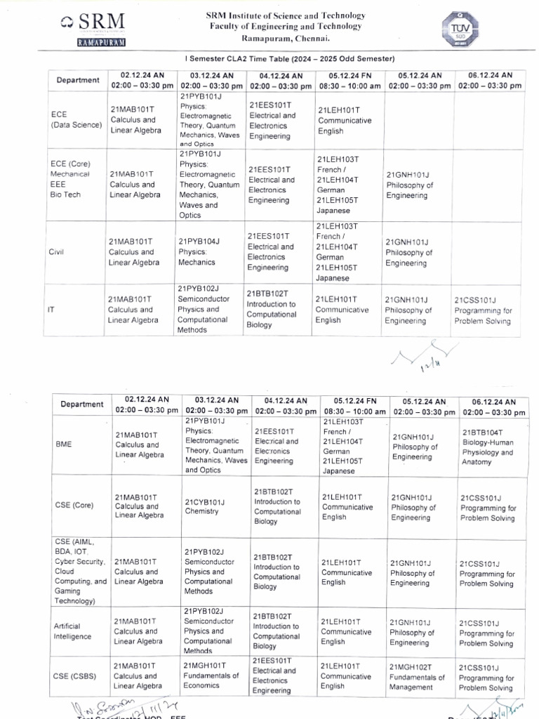 SRM Ramapuram I Semester CLA2 Timetable | PDF | Physics | Engineering