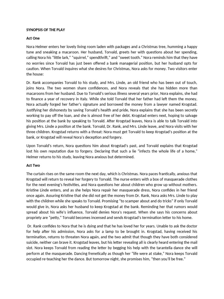 SYNOPSIS of "A Dolls House" | PDF | A Doll's House