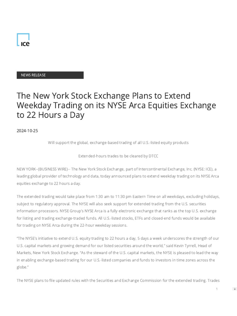NYSE Arca Expands Trading to 22 Hours | PDF | Securities (Finance ...