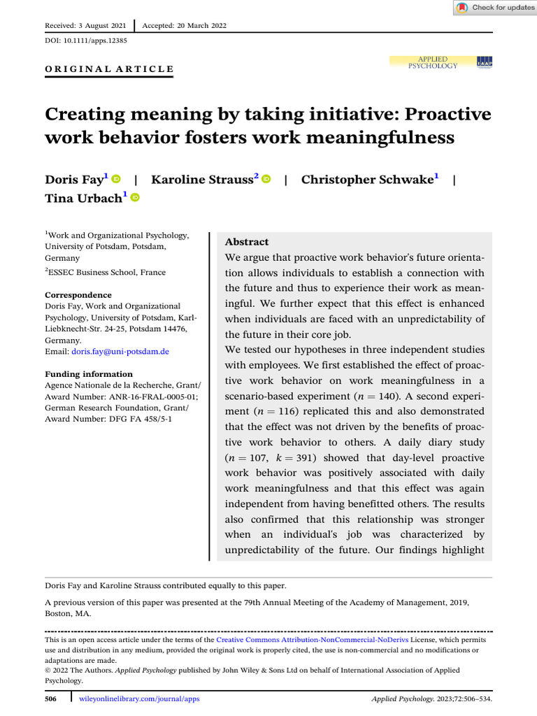 Fay Et Al. - 2023 - Creating Meaning by Taking Initiative Proactive W | PDF | Behavior | Experience