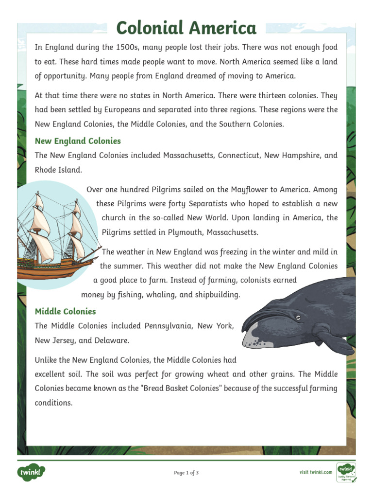 Fourth Grade Colonial America Reading Comprehension Activity | PDF ...