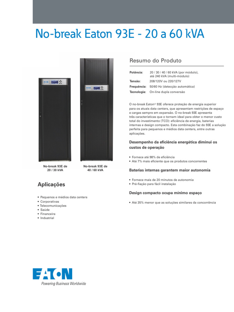 No-break Eaton 93E: 20 a 60 kVA | PDF | Rede de computadores | Despesa