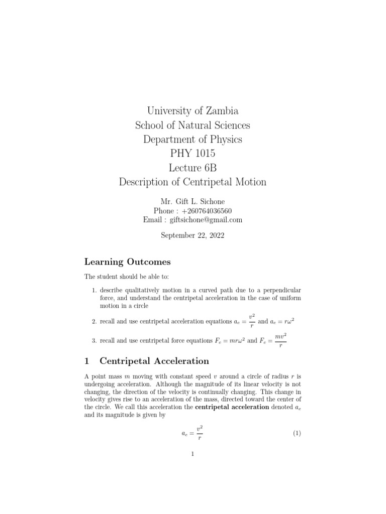 UNZA PHY 1015 Lecture 6B - Description of Centripetal Motion | PDF | Acceleration | Force