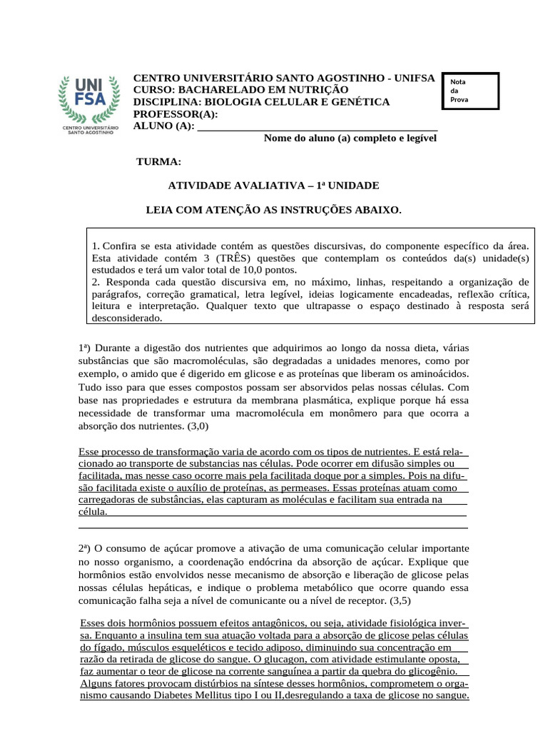 Atividade Avaliativa de Bio Celular e Genética | PDF | Célula (Biologia) | Retículo endoplasmático