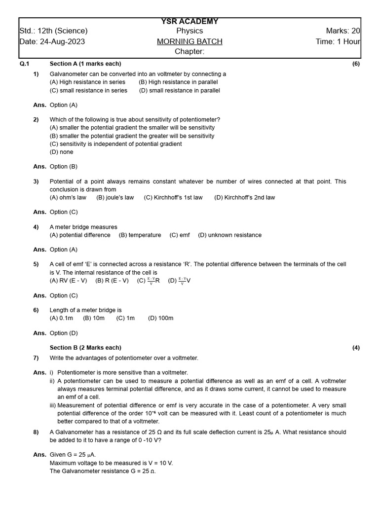 Physics Exam: Galvanometer & Kirchhoff's Laws | PDF | Voltage | Electronics