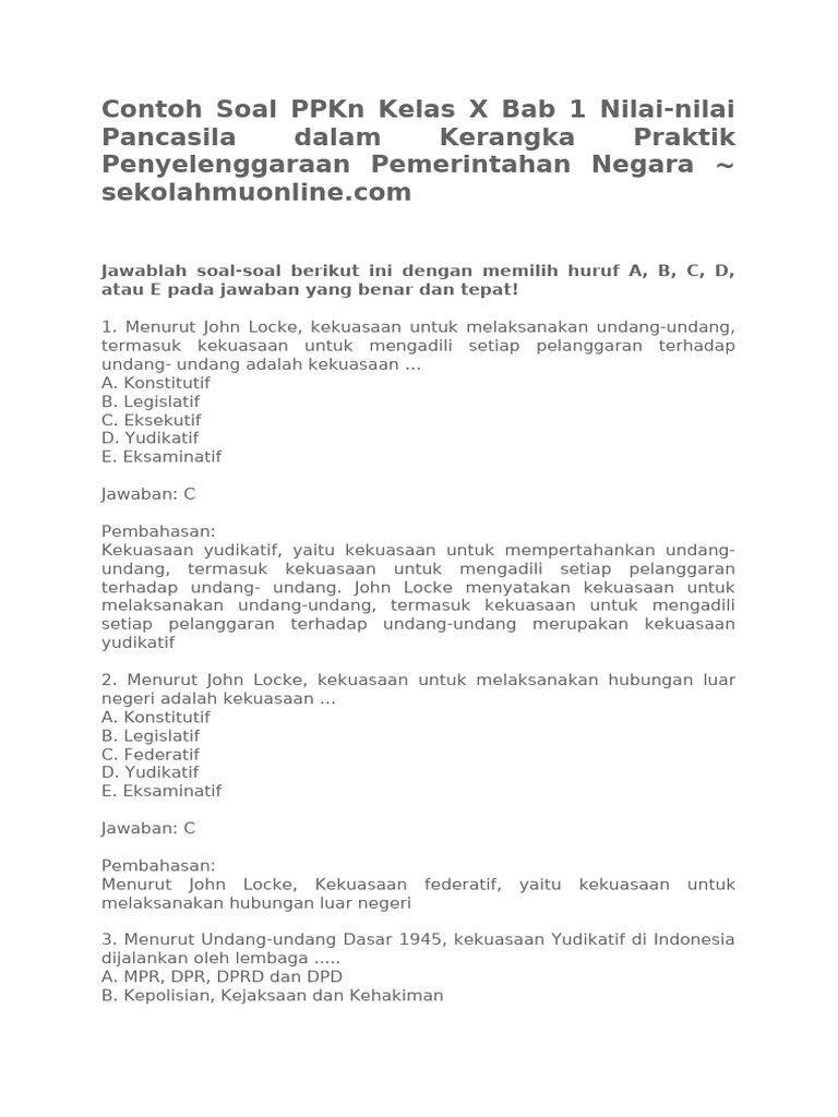 Soal PPKn Kelas X: Nilai Pancasila dan Pemerintahan | PDF
