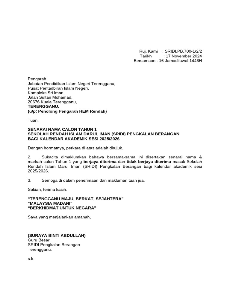 Format Surat Iringan Calon Berjaya Tahun 2025 | PDF