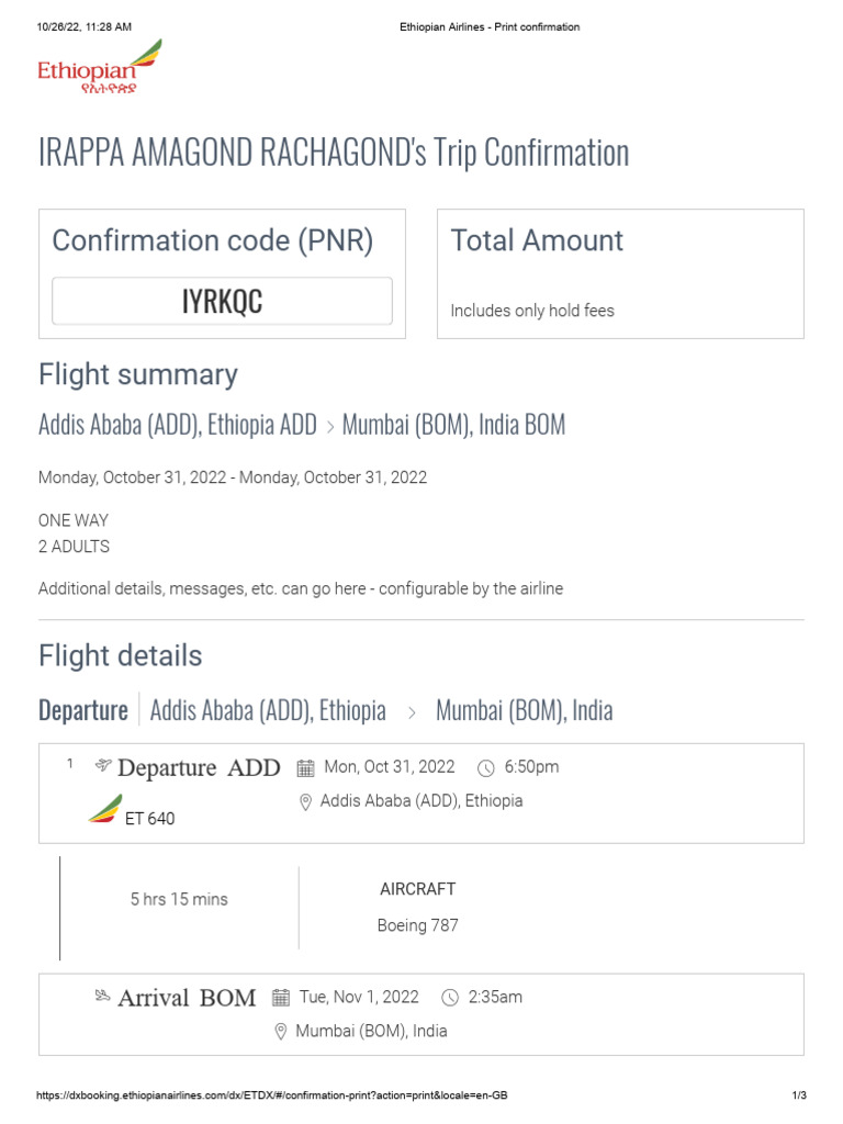 Flight Confirmation: Addis to Mumbai | PDF | Transport | Airliner