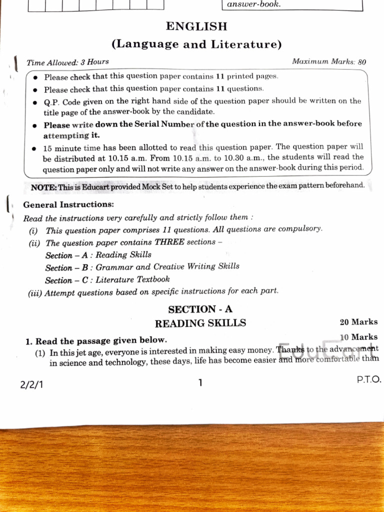 English Sample Paper 2 | PDF