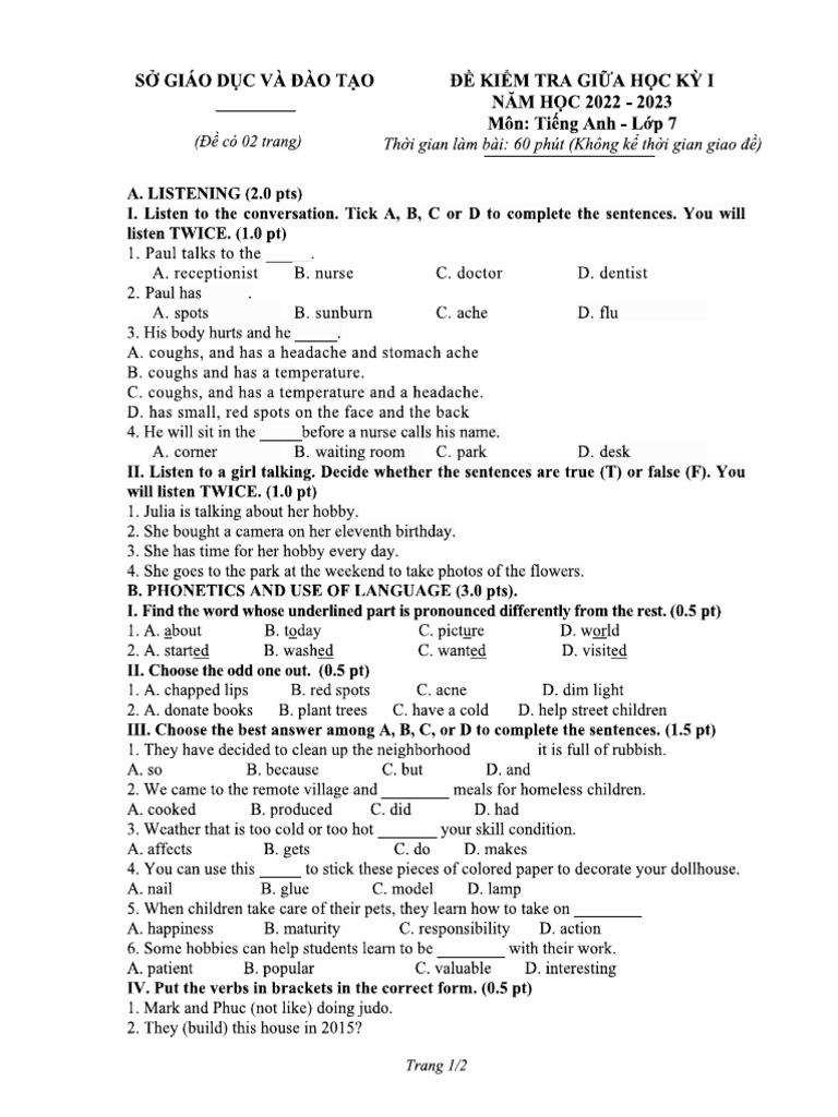 Lớp 7 HK1-trang | PDF