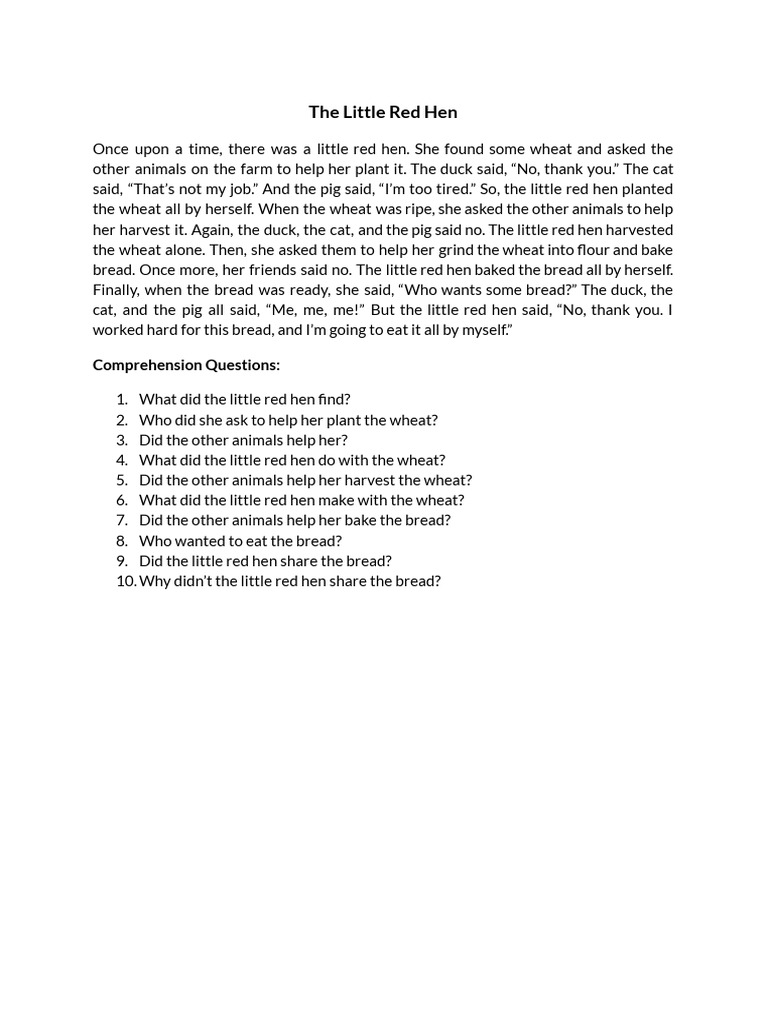 The Little Red Hen: A1 Reading Comprehension | PDF | Cooking, Food ...