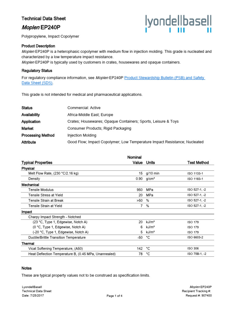 Moplen EP240P Basell | PDF | Medical Device | Ultimate Tensile Strength