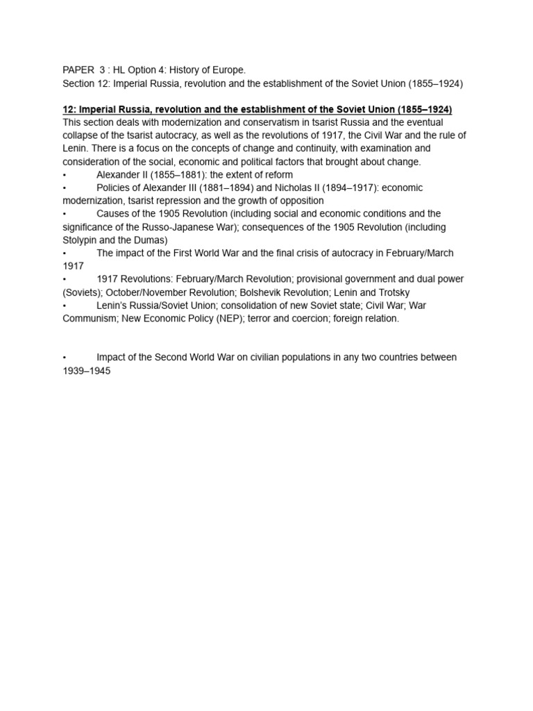 PAPER 3 HL - OPTION 4 - History of Europe Section 12 - Imperial Russia ...