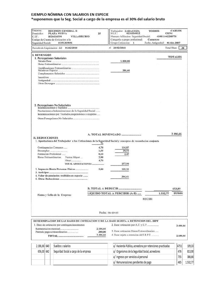 Ejemplo Nómina Salario en Especie | PDF