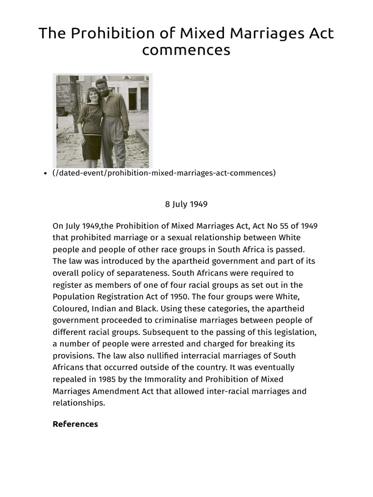The Prohibition of Mixed Marriages Act Commences - South African ...