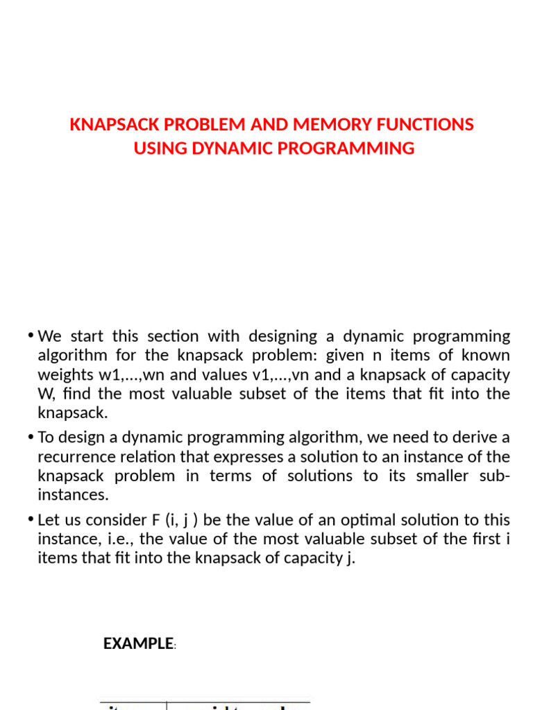 Knapsack Problem: Dynamic Programming | PDF