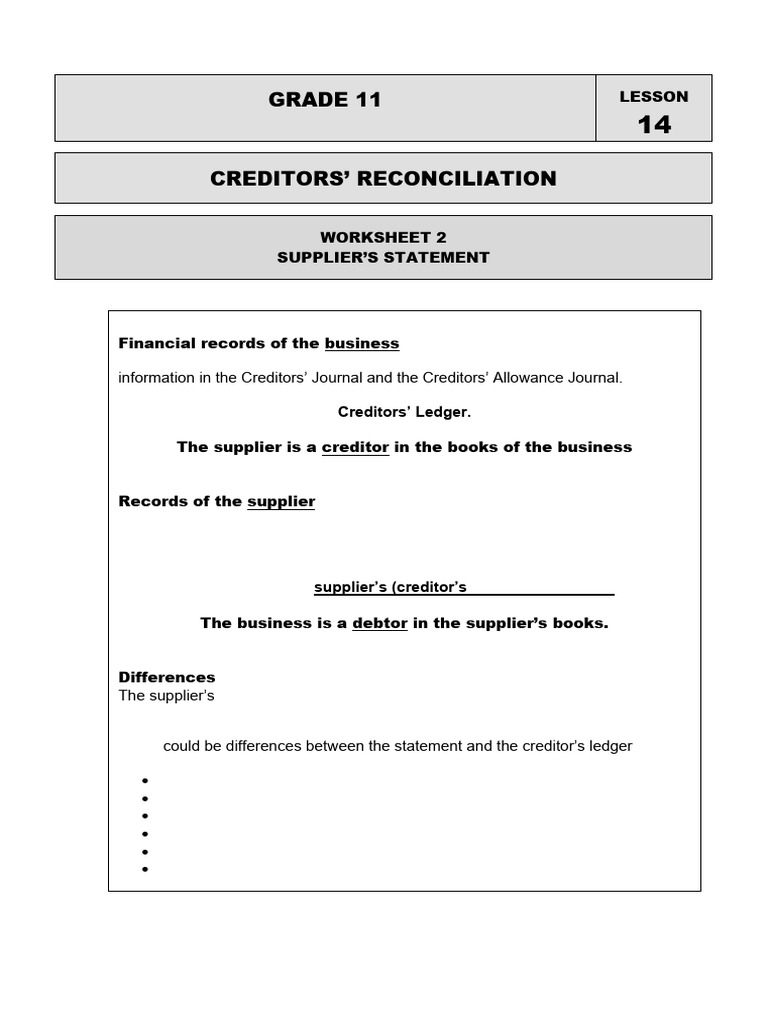 Grade 11 Creditors Reconciliation Guide | PDF | Debits And Credits ...