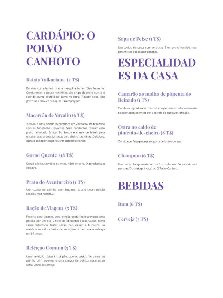 Cardápio - o Polvo Canhoto | PDF | Caldo | Alimentos