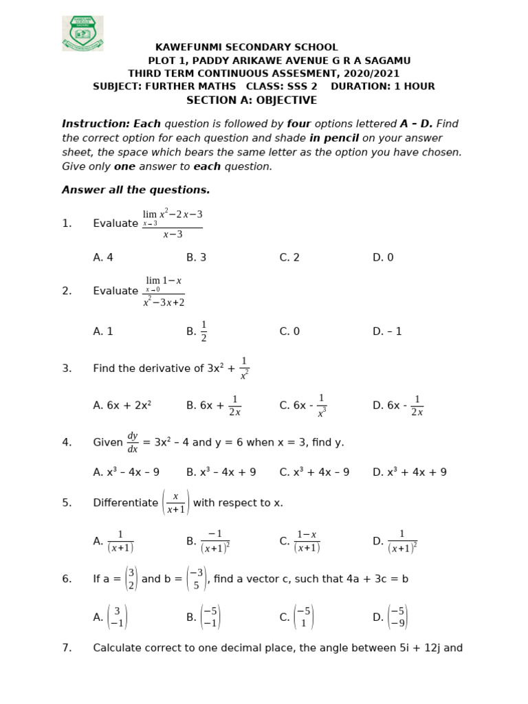 ss2 3rd Term Exam | PDF | Applied Mathematics | Mathematical Physics