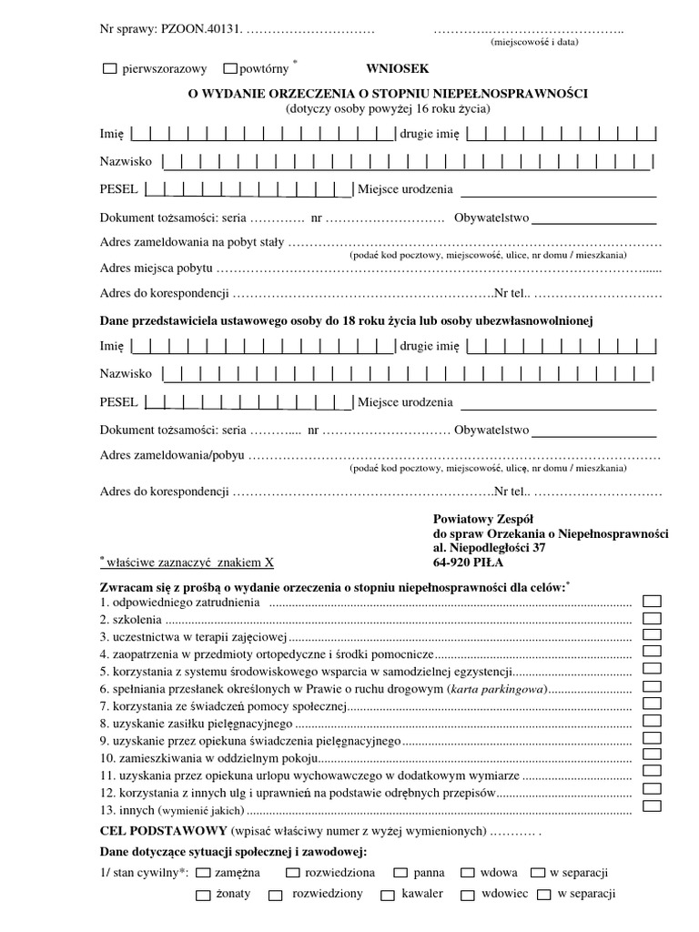 Wniosek o Stopień Niepełnosprawności Po 16 R. Życia | PDF