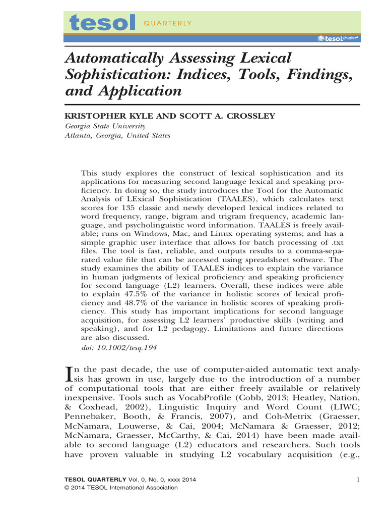 Kyle, Kristopher Crossley, Scott A. - (2014) - Automatically Assessing Lexical Sophistication ...