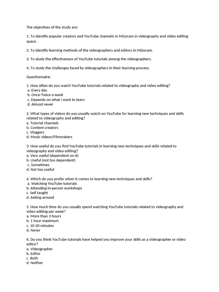 Lalhlimpuia OBJS and Questionnaire | PDF | You Tube | Editing