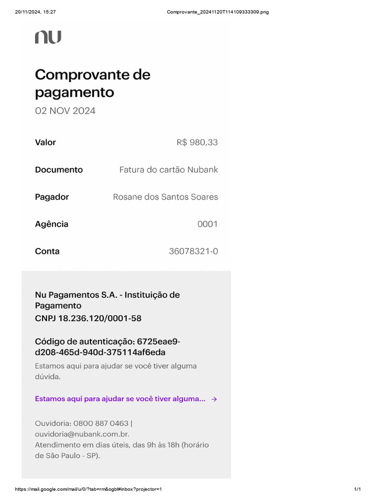 Comprovante de Pagamento Nubank Rosane | PDF Comprovante de Pagamento Nubank Rosane | PDF