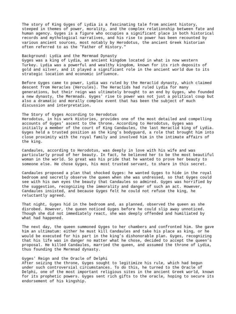 The Story of King Gyges of Lydia Is | PDF | Lydia