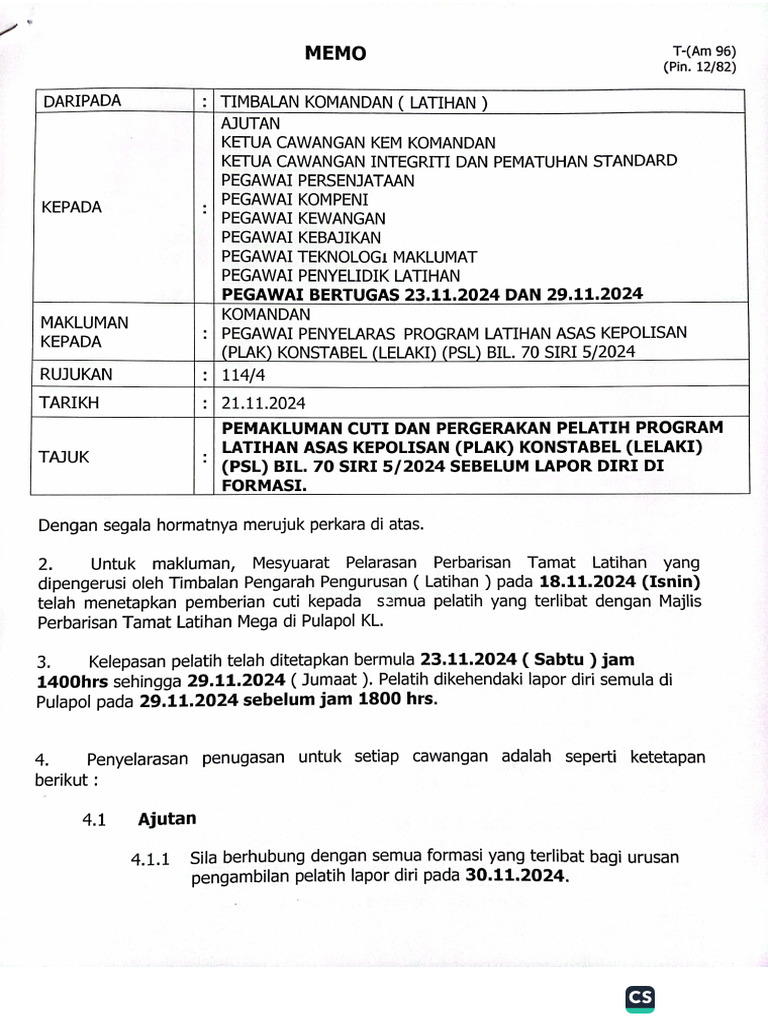 Memo Pemakluman Cuti Dan Pergerakan Pelatih Sebelu - 241121 - 163544 | PDF