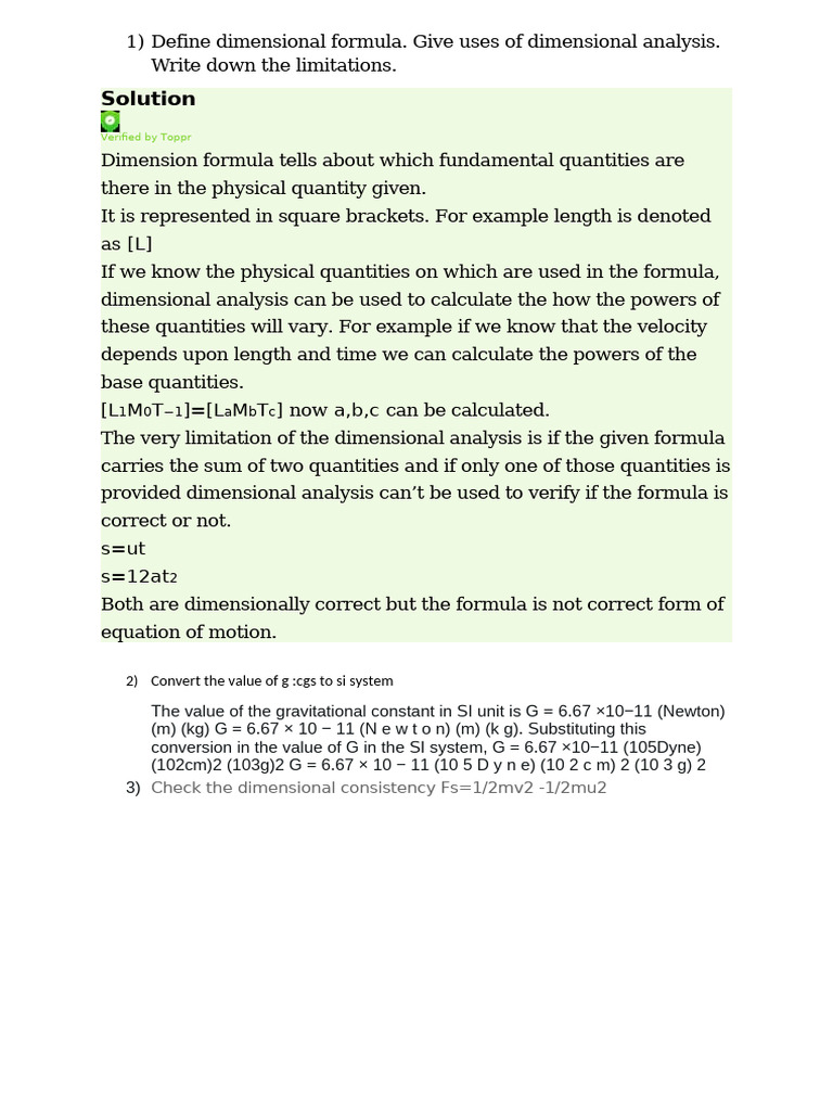 Solution: Check The Dimensional Consistency Fs 1/2mv2 - 1/2mu2 | PDF ...