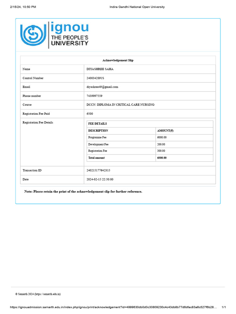 IGNOU Critical Care Nursing Fee Receipt | PDF
