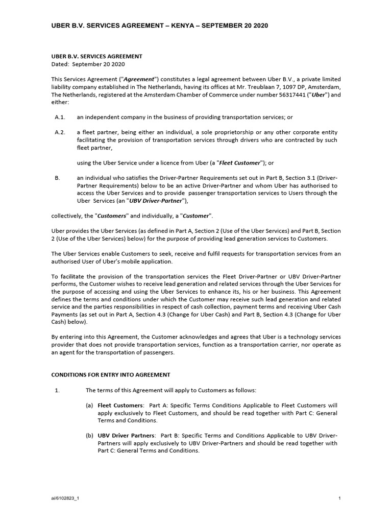 Uber B.V. Services Agreement | PDF | License | Fare