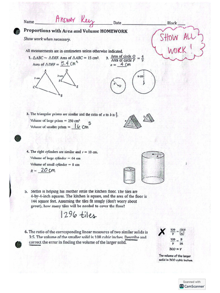 Homework 1 - Proportions With Area and Volume ANSWER KEY | PDF