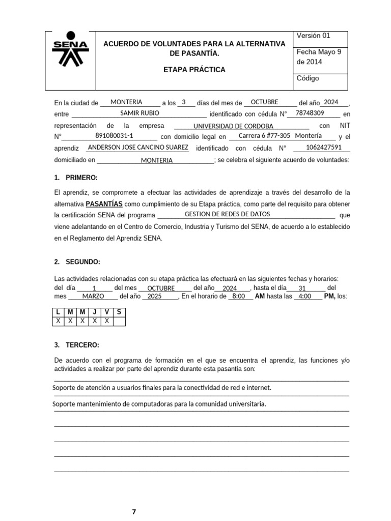 Formato Acuerdo de Voluntades Solo Pasantías | PDF | Business