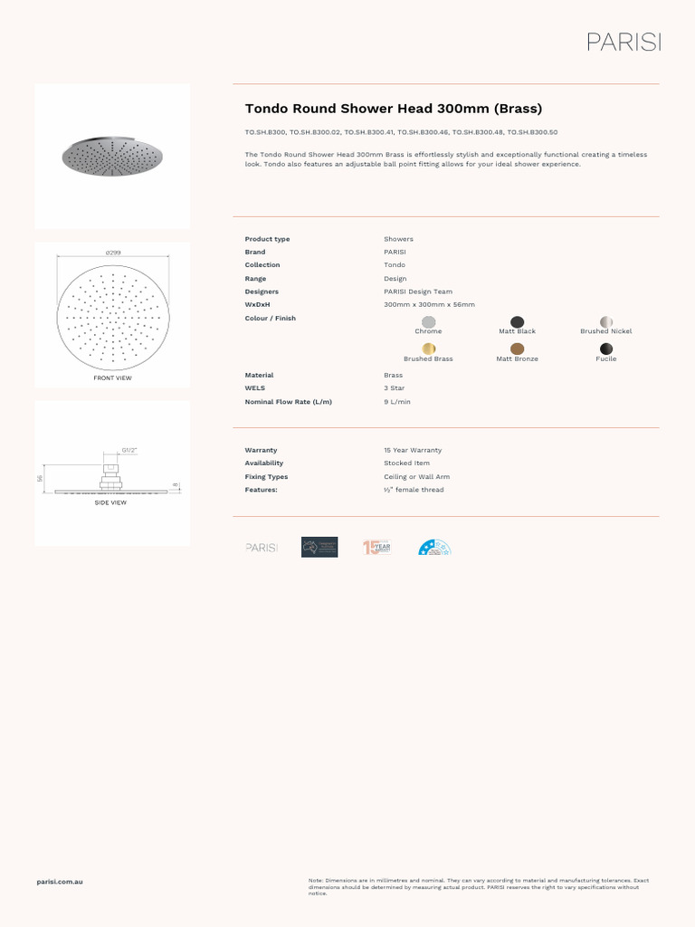 Tondo Round Shower Head 300mm (Brass) | PDF