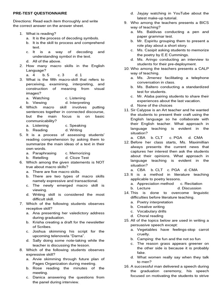 LET-PRE-TEST-G4 | PDF | Reading Comprehension | Learning
