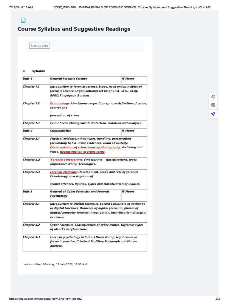 Forensic Science Course Syllabus | PDF | Forensic Science | Crime Scene