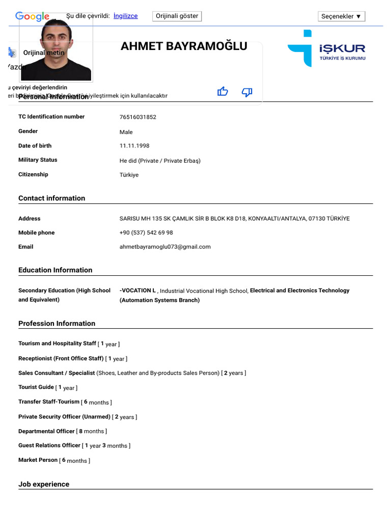 CV ENG Turkish Employment Agency - View Resume | PDF | Government And ...