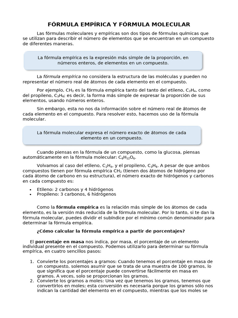Fórmulas Empírica y Molecular en Química | PDF | Compuestos químicos ...
