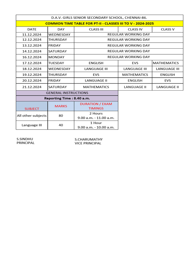 Class III to V PT-II Timetable 2024 | PDF