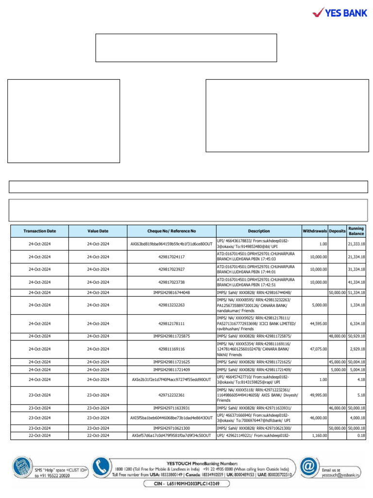 Yes Bank Account Statement 2024 | PDF | Payments | Cheque