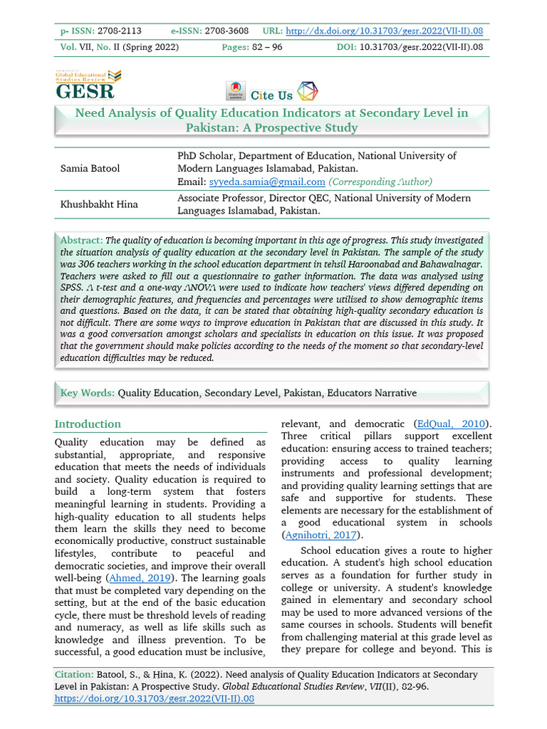Need Analysis Of Quality Education Indicators At S Pdf Curriculum