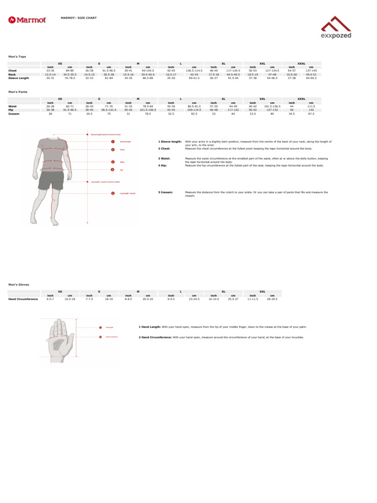 Size Chart Marmot en | PDF | Waist | Hand