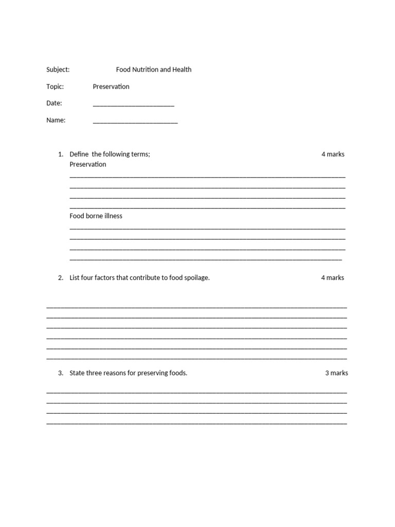 Grade 11 Preservation Worksheet #2 | PDF | Food Preservation | Food ...