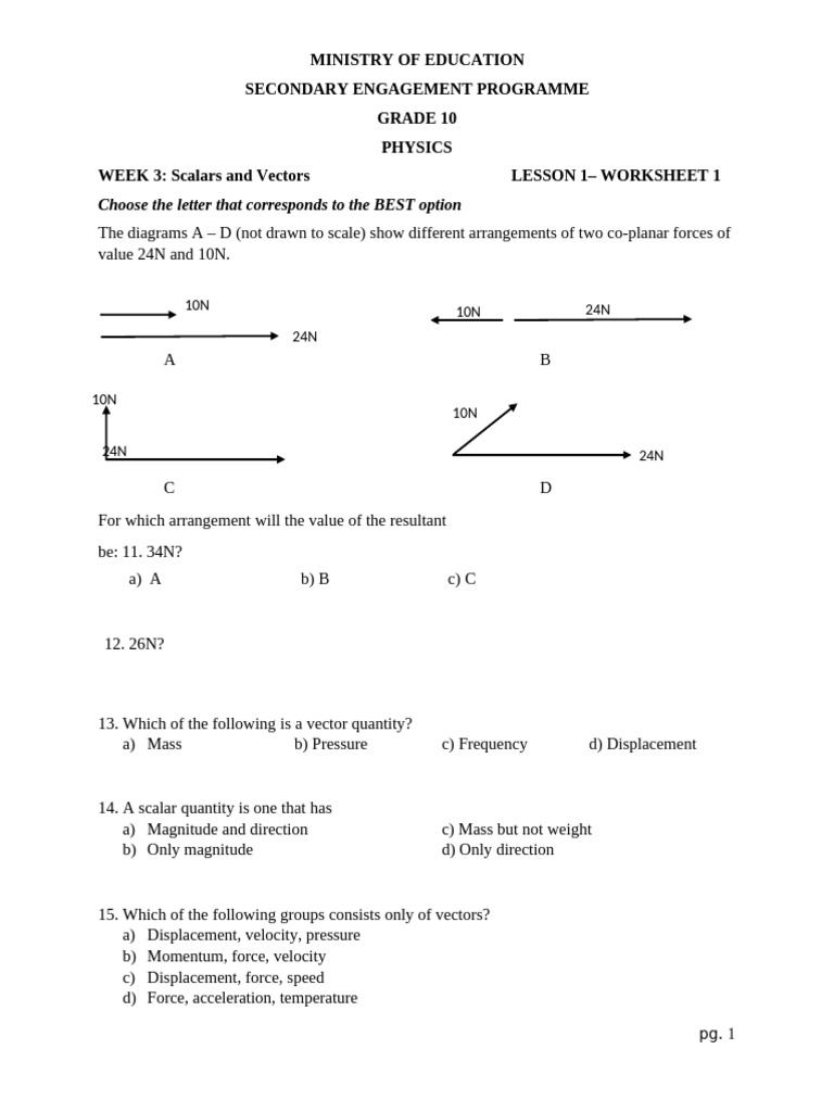 Grade 10 Physics: Scalars and Vectors Worksheet | PDF | Force ...